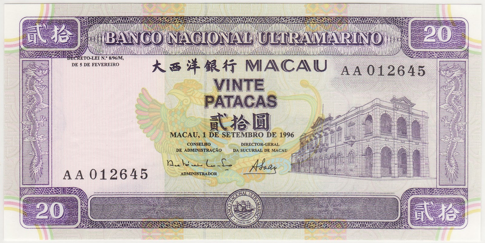wilson's banknotes: Portuguese Macau 20 Patacas 1996