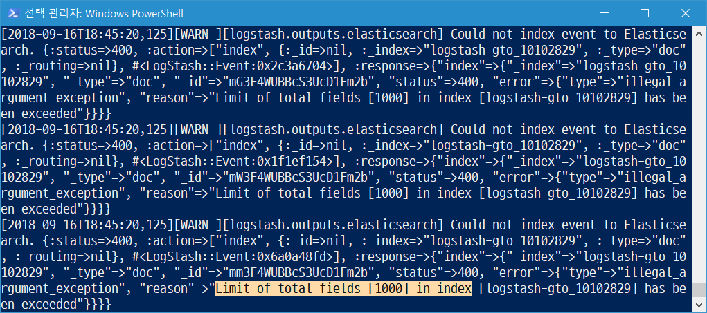 케세라세라: Logstash 연동 에러(Limit of total fields) 케세라세라: Logstash 연동 에러(Limit of total fields)