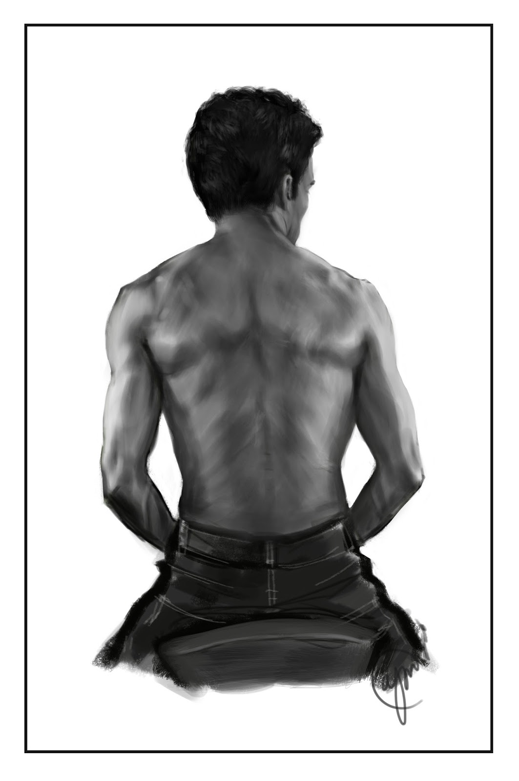 a prancing moose: A man's back.