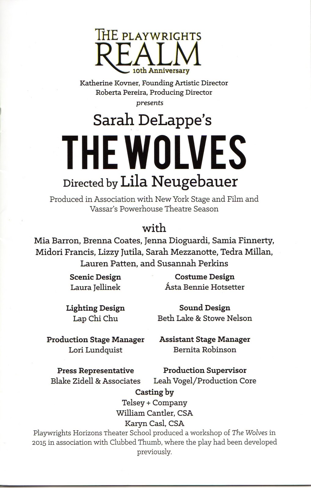 THEATRE'S LEITER SIDE: 60. Review: THE WOLVES (seen September 9, 2016)