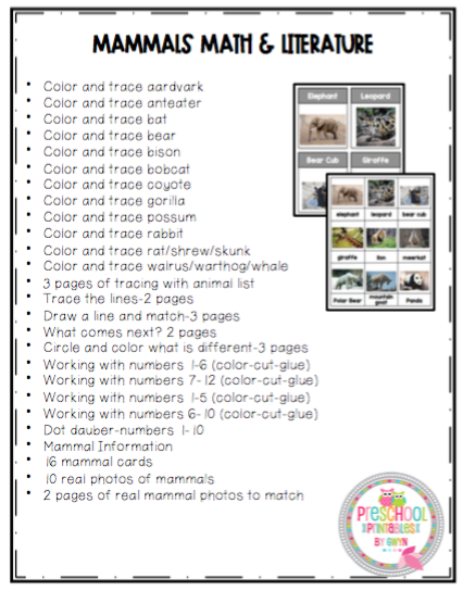 Mammals Math & Literature Preschool (File updated!) ~ Preschool Printables