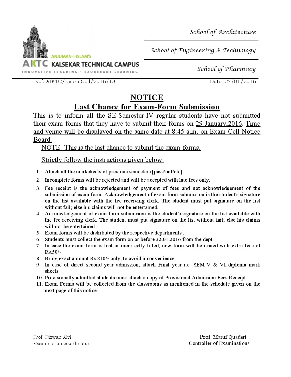 EXAM-CELL NOTICE BOARD: NOTICE- Last chance to submit Exam Forms...