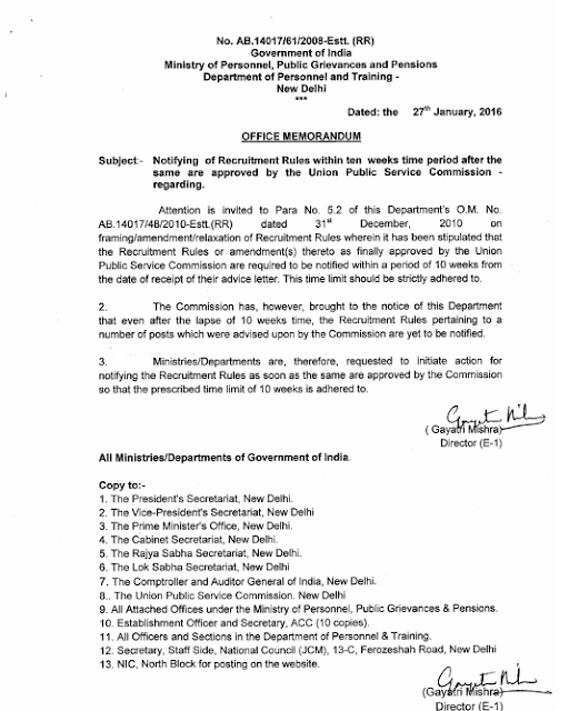 Notifying of Recruitment Rules within ten weeks time period after the ...