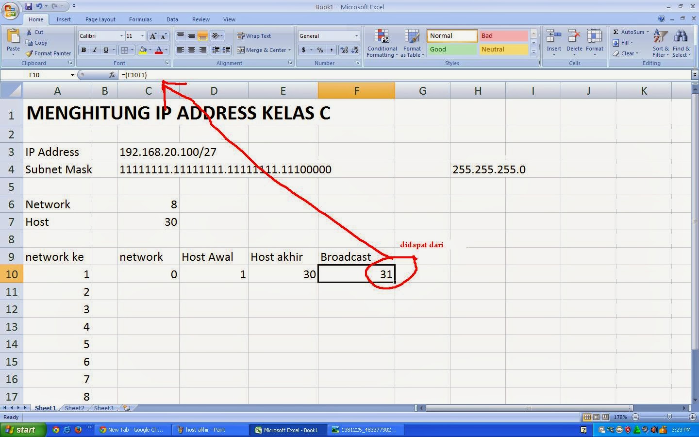 TRISNA'S BLOG: MENGHITUNG IP ADDRESS KELAS C DENGAN MENGGUNAKAN MS.EXCEL