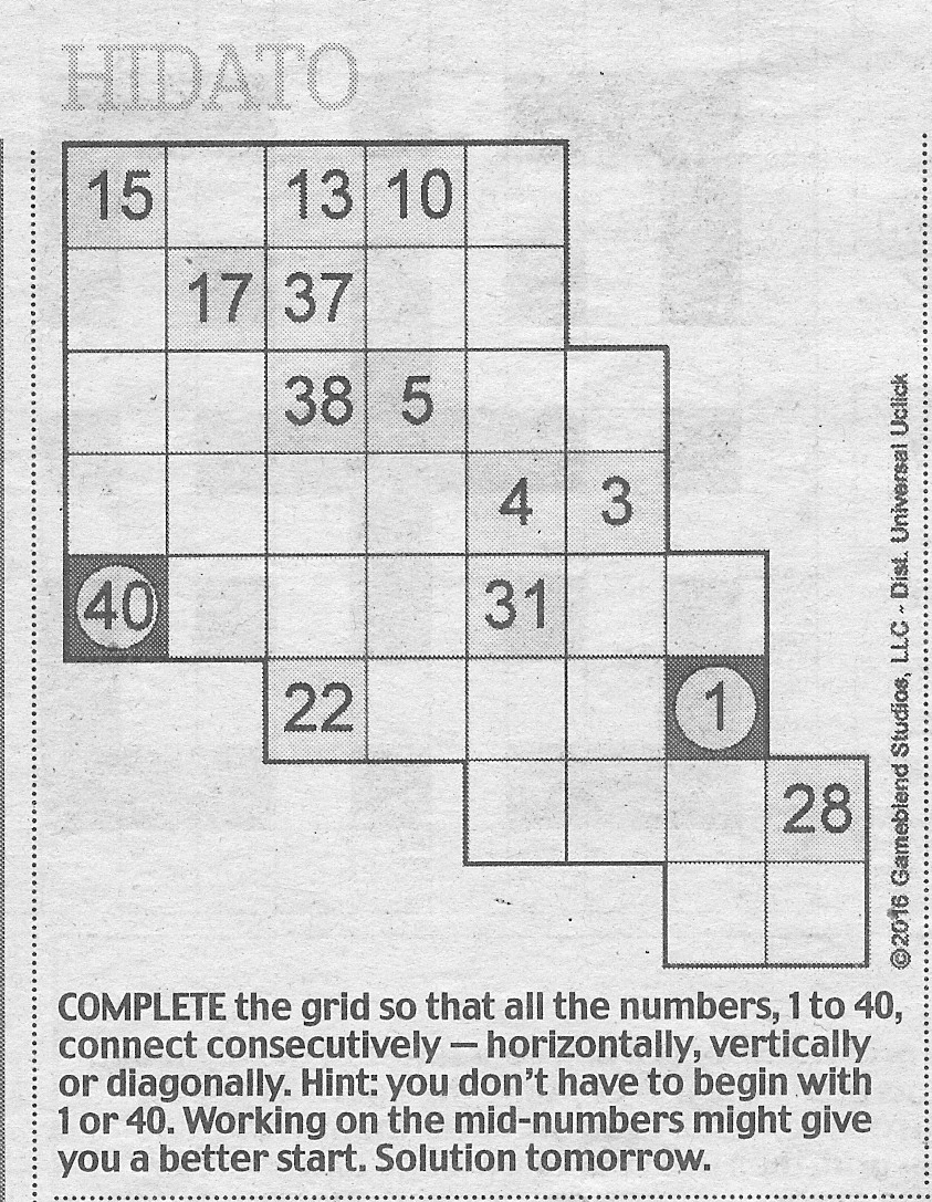 Pasatiempos Matemáticos de la Prensa: PMP. Hidato.