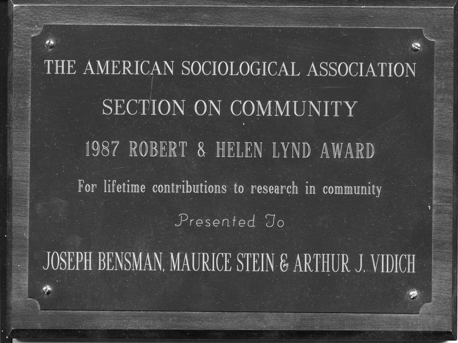 A Pictorial Biography of Arthur Vidich: The Robert & Helen Lynd Award ...