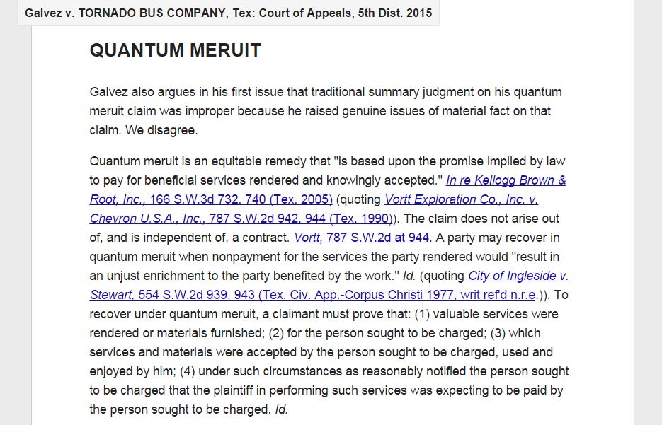 Consumer Debt Litigation (mostly Texas): Quantum Meruit theory for ...