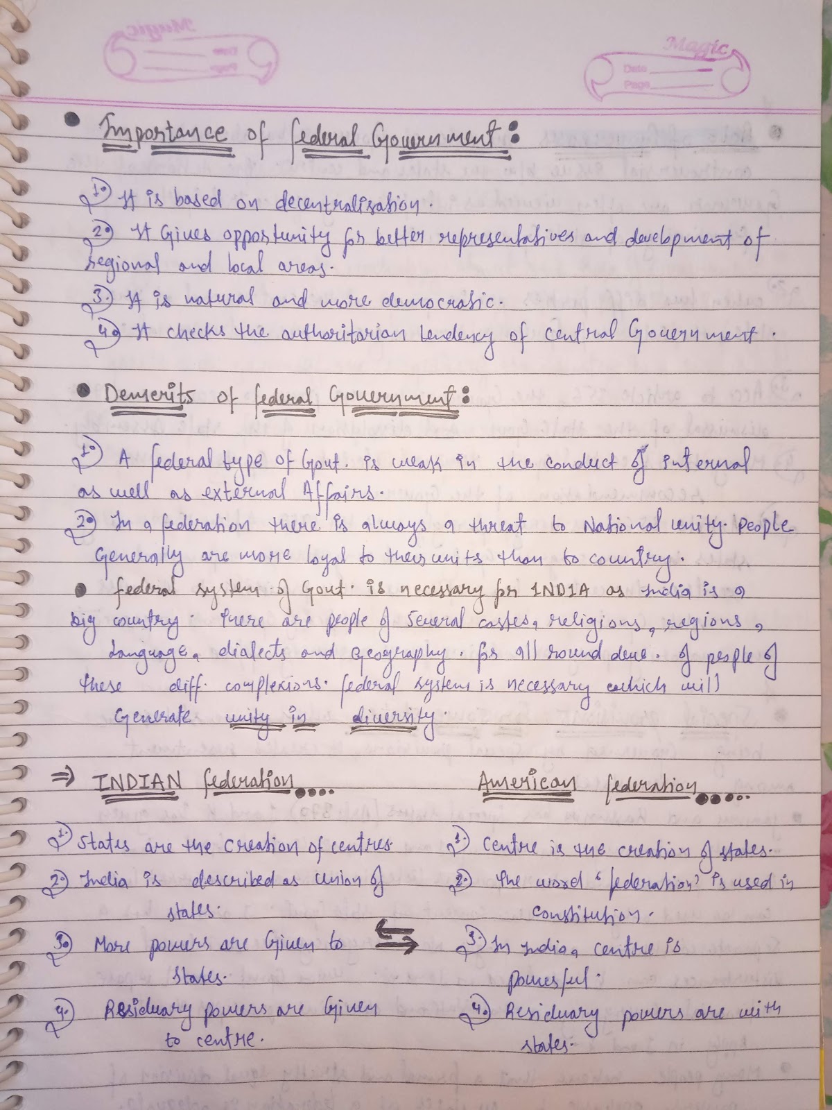 Handwritten Notes of FEDERALISM - Political Science - Class 11th ...