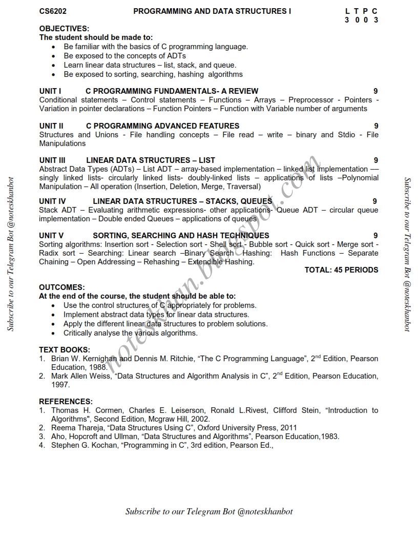 Cs6202 Programming And Data Structures I Syllabus Semester Ii Cse Be Anna University Regulation