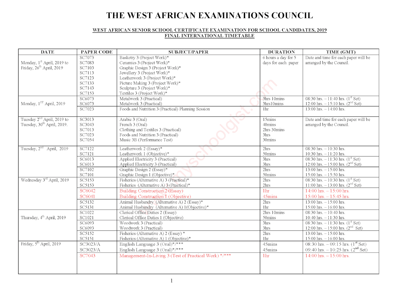 WAEC Timetable for School Candidates (May/June Examinations) 2019/2020 ...