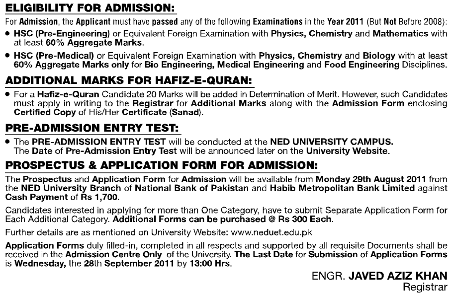 Admission in Pakistan: NED University Karachi Campus Admission