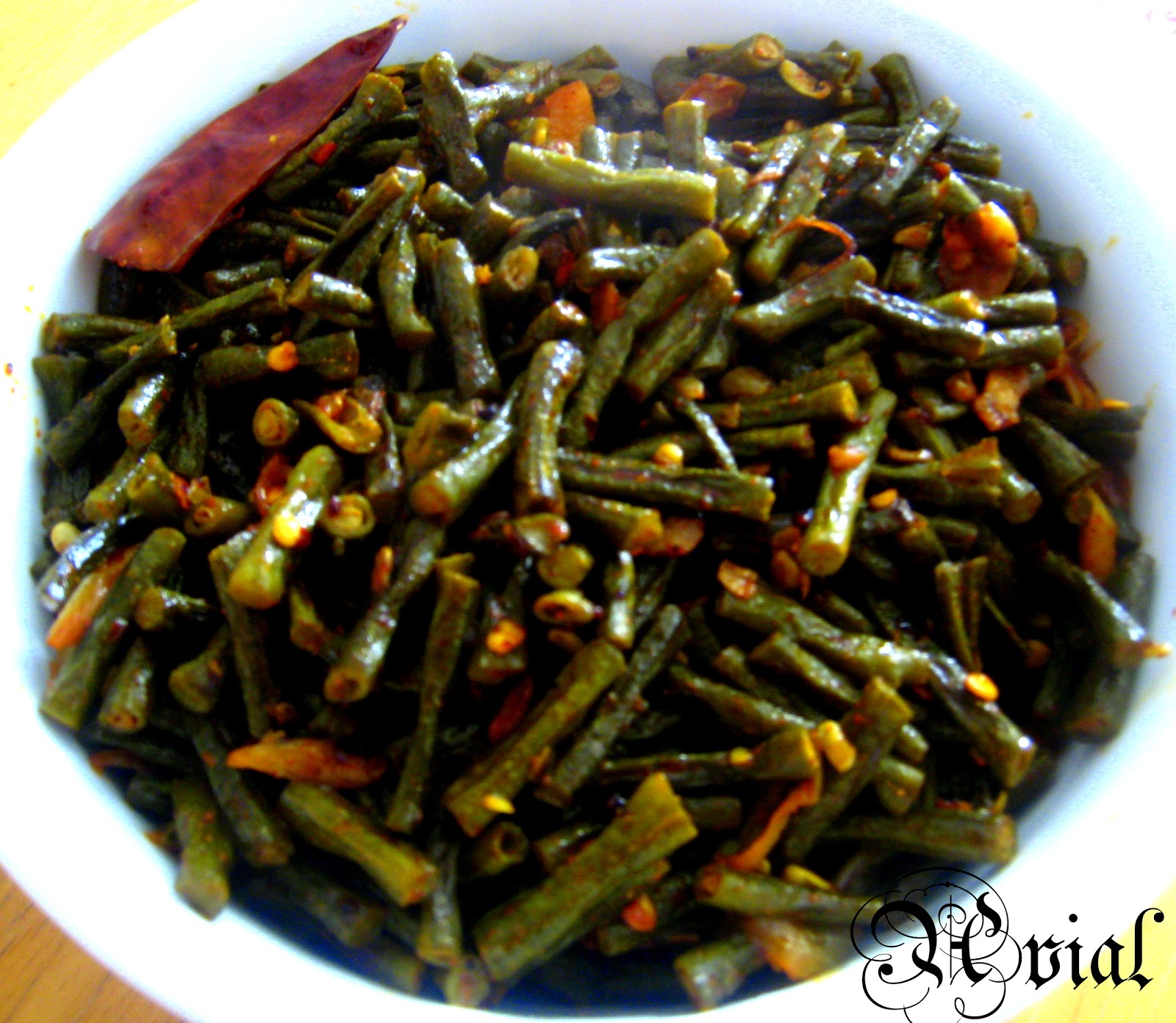 Avial: Achinga mezhukkupuratti ( Long Beans Stir fry)