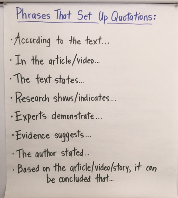 ELA Anchor Charts: Phrases That Set Up Quotations