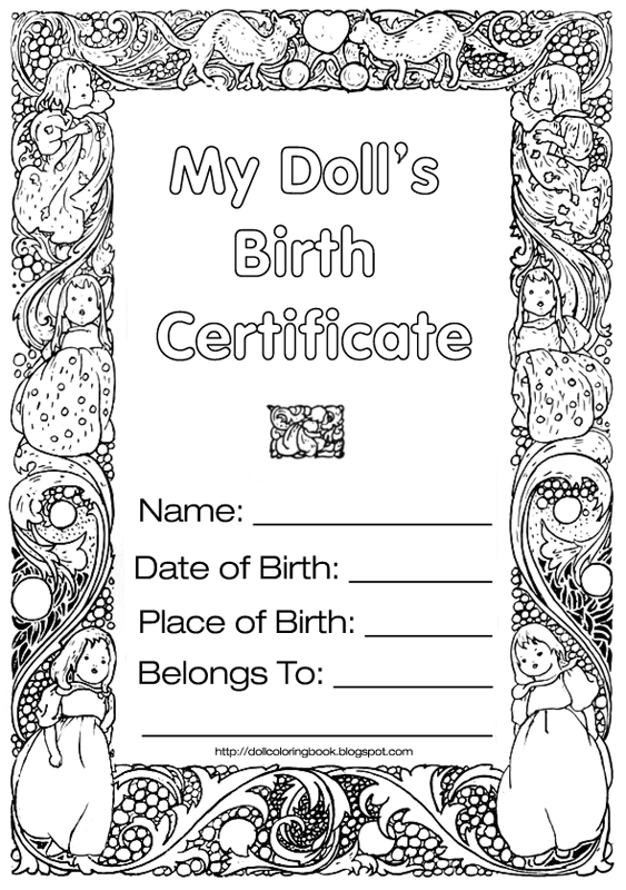 Color "My Doll's Birth Certificate" | The Doll Coloring Book
