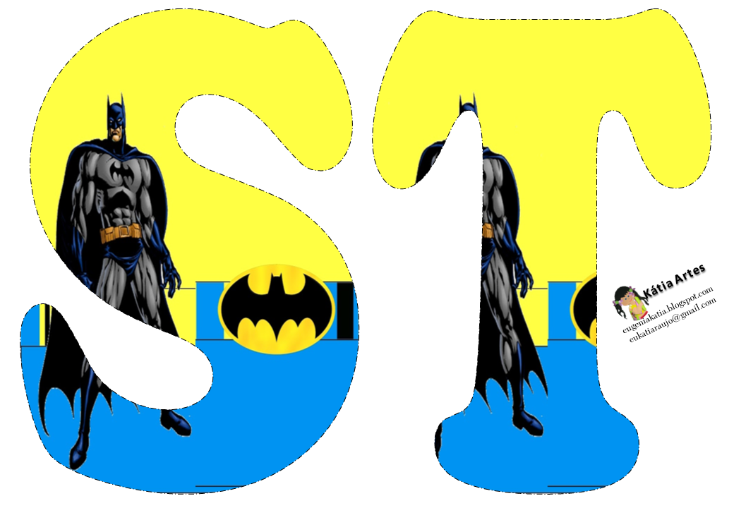 Alfabeto de Batman en fondo amarillo y azul. - Oh my Alfabetos!