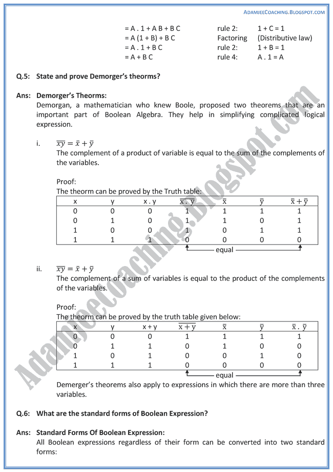 Adamjee Coaching Boolean Algebra Descriptive Question Answers Computer Ix