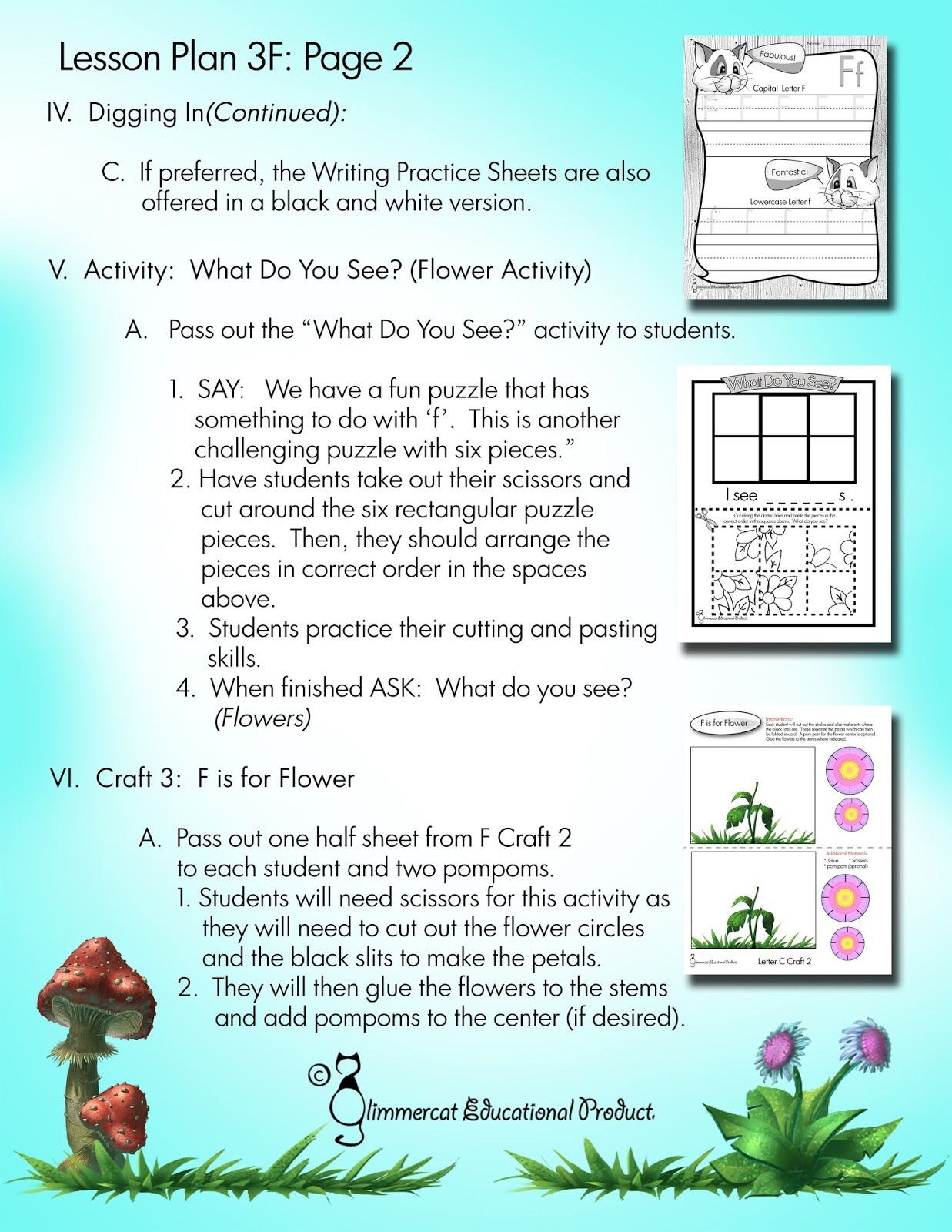 Glimmercat Education: Letter of the Week Packet for F