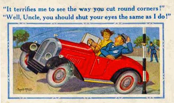transpress nz: British comic car postcard, 1950s