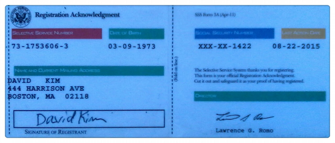 David Kim: REGISTRATION ACKNOWLEDGMENT CARD