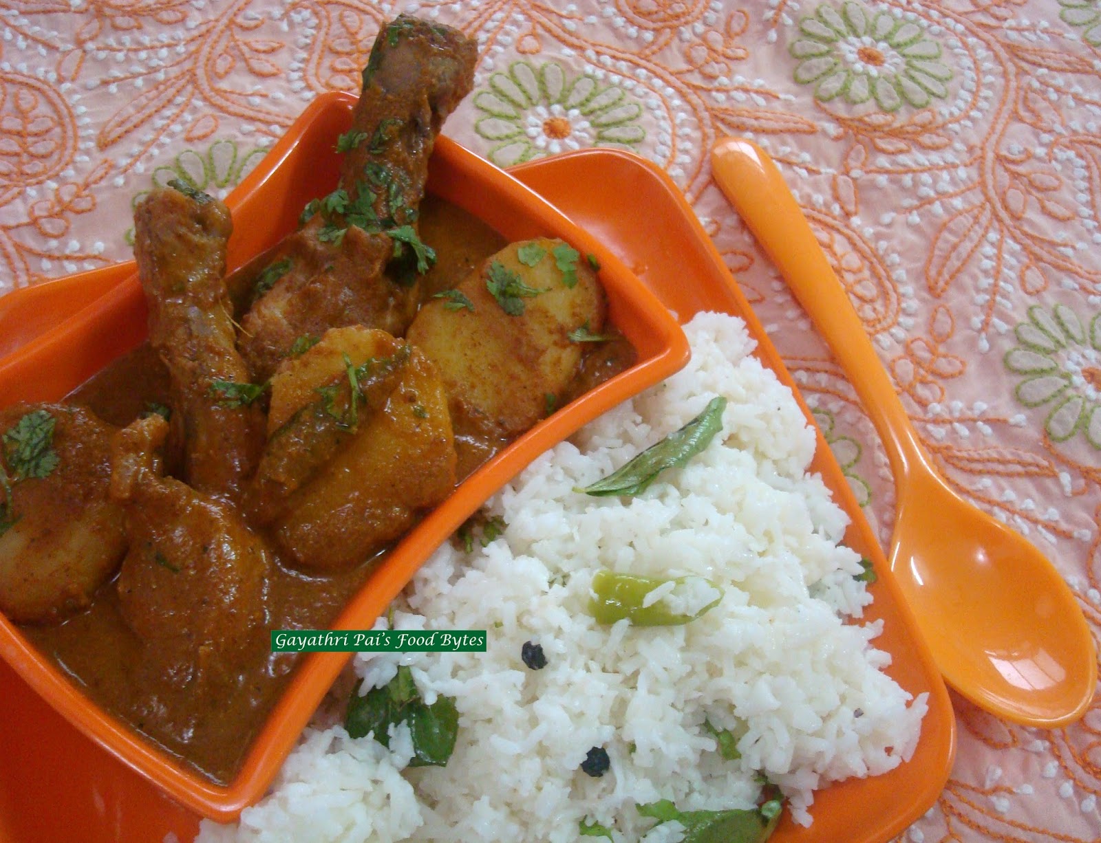 Gayathri Pai's Food Bytes: Chicken Masaledar Kadhi with Coconut Milk Rice.