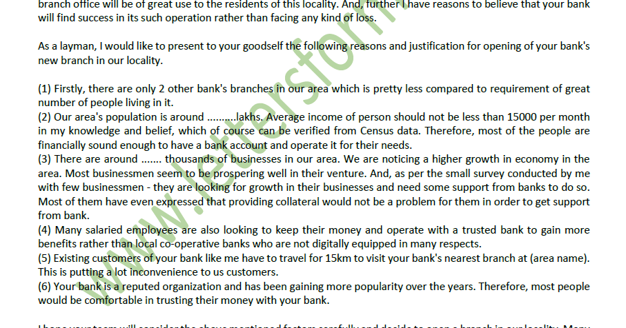 Write Letters online: Request Letter for New Bank Branch Opening in Our ...