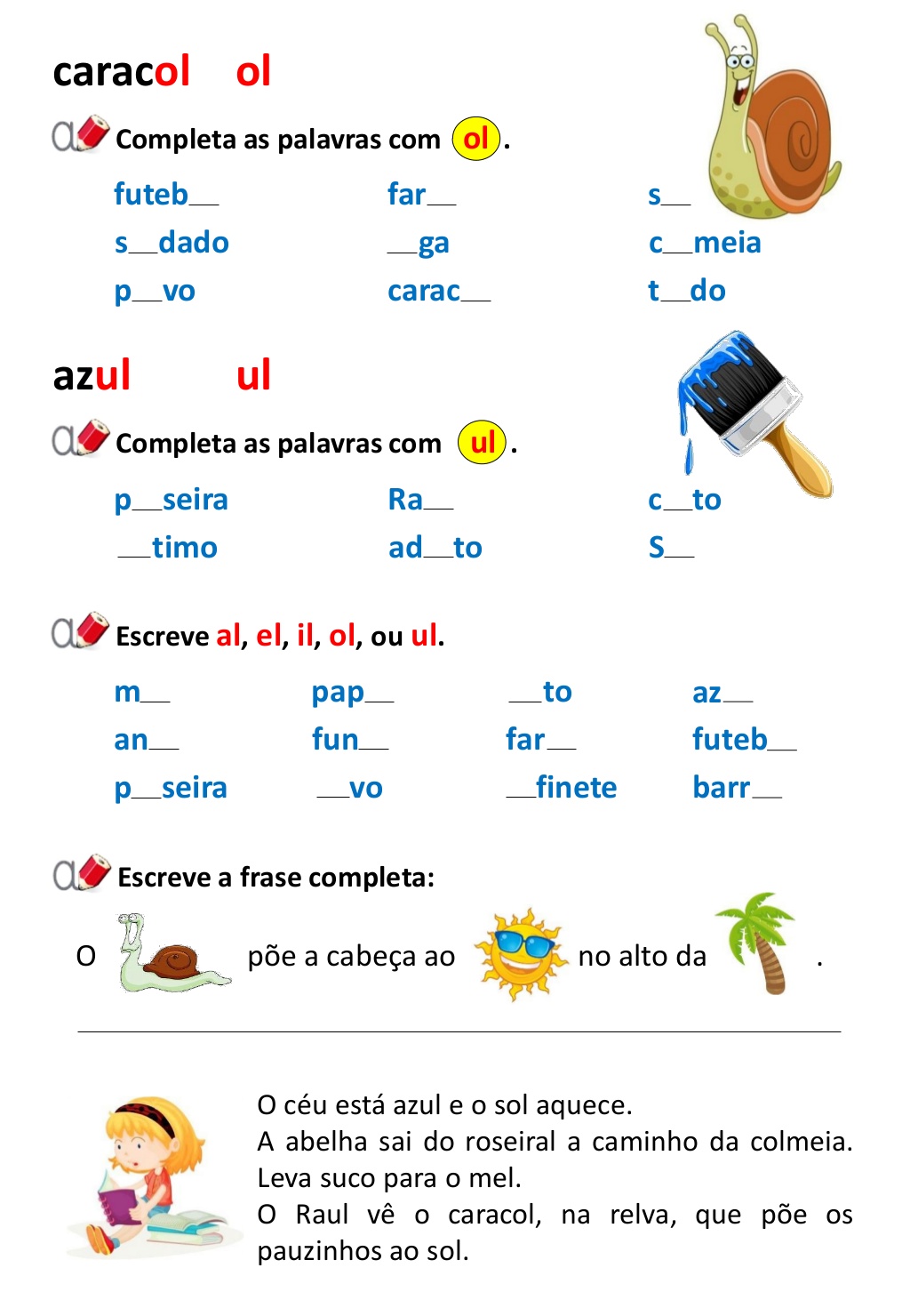 Atividades Com Al, El, Il, Ol, Ul