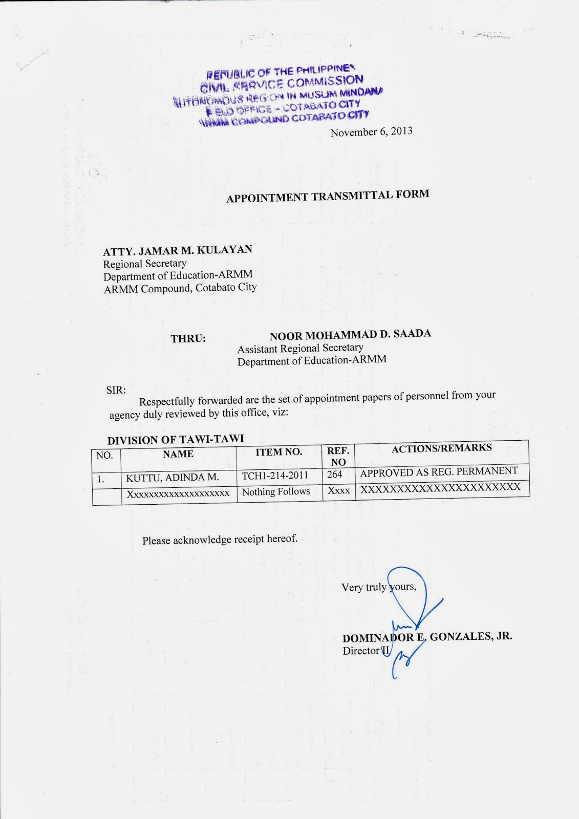 .: Tawi-Tawi attested appointment from CSC, November 6 and 14, 2013