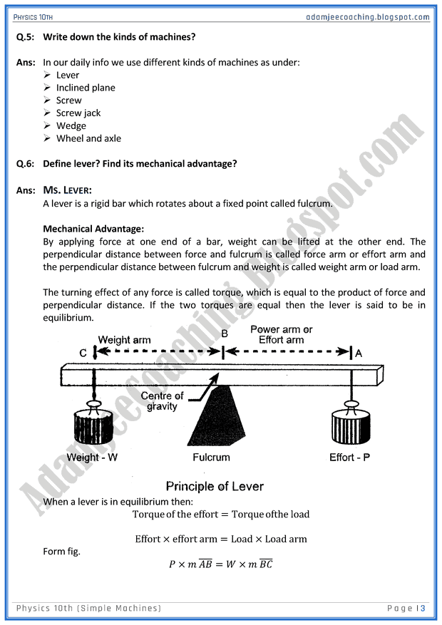 Adamjee Coaching: Simple Machines - Question Answers - Physics 10th