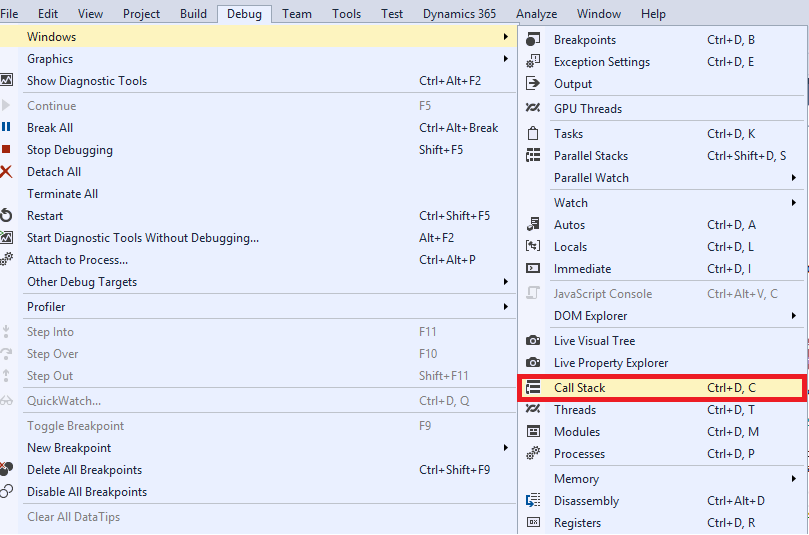 Call Stack in Visual Studio Dynamics 365 Finance & operations ...