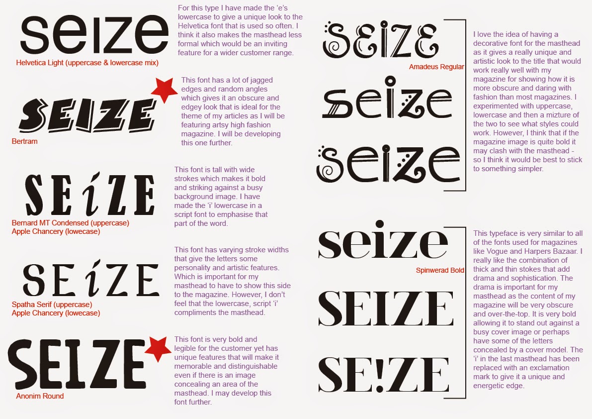 Alice Robinson Unit 40 Magazine Design: Masthead Development (on screen)