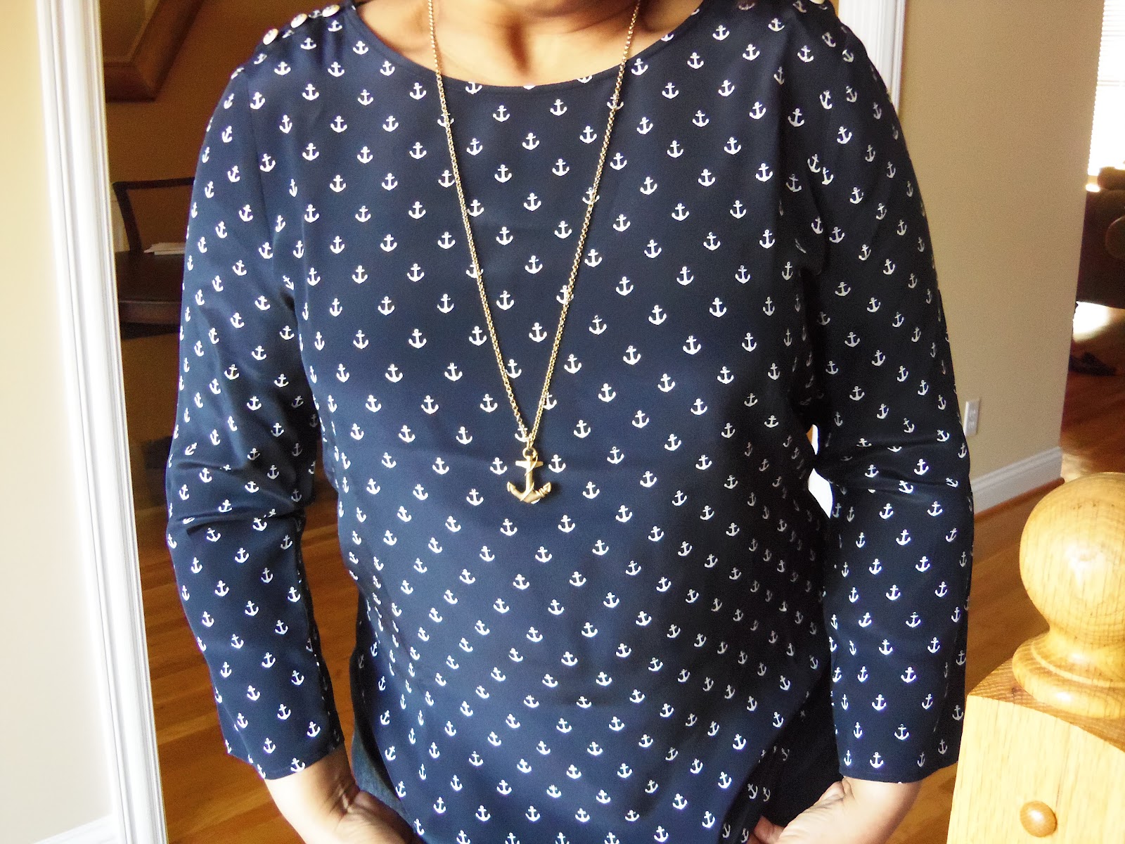 J. Crew Navy Bubble Necklace and Scoopneck Anchors Aweigh Blouse ...