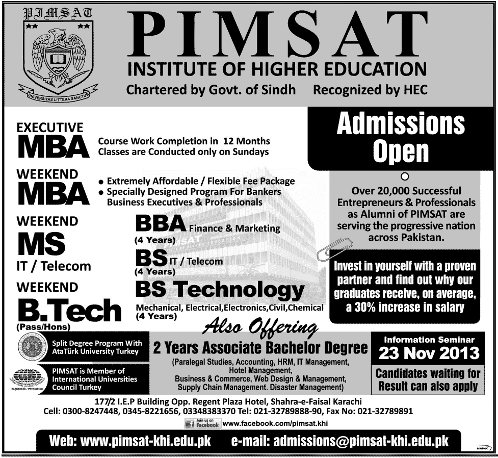 PIMSAT Karachi MBA/MS/B.Tech/BS & BBA Admissions 2016