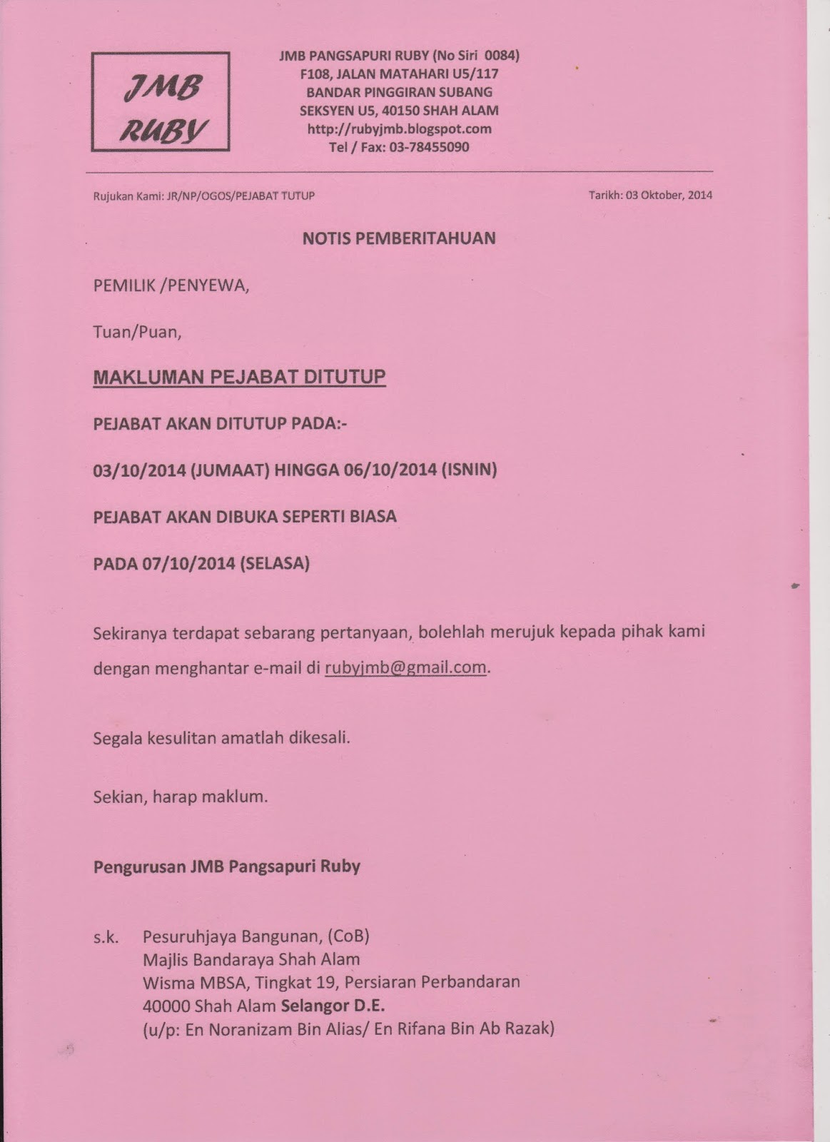 Perbadanan Pengurusan Pangsapuri Ruby: NOTIS PEMBERITAHUAN PEJABAT ...