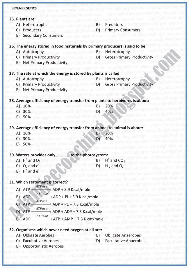 Adamjee Coaching: Biology Mcqs XI - Bioenergetics