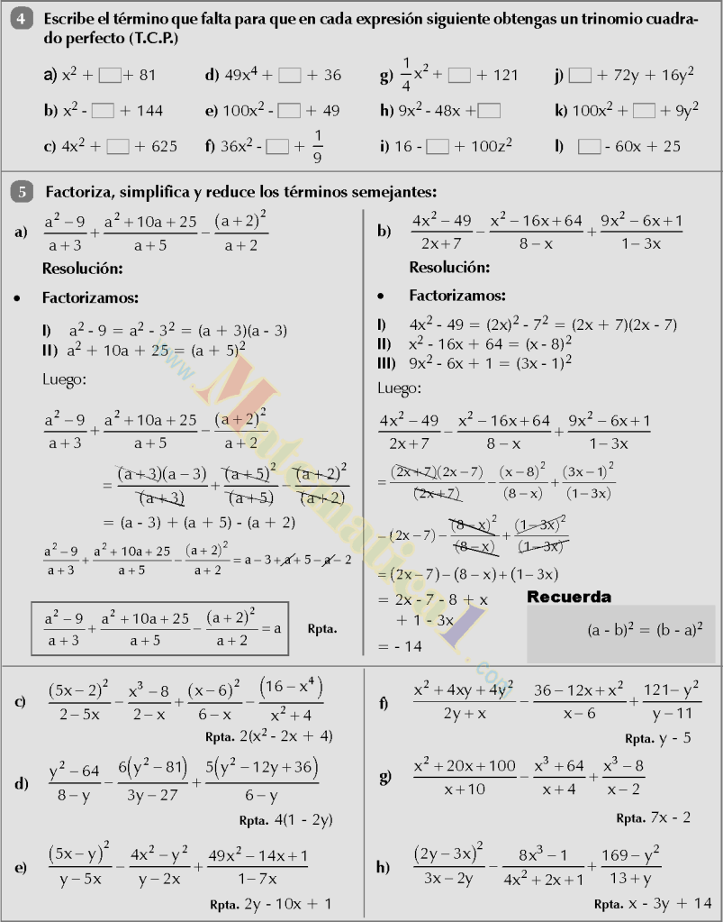 FACTORIZACION DE UN TRINOMIO CUADRADO PERFECTO EJERCICIOS RESUELTOS