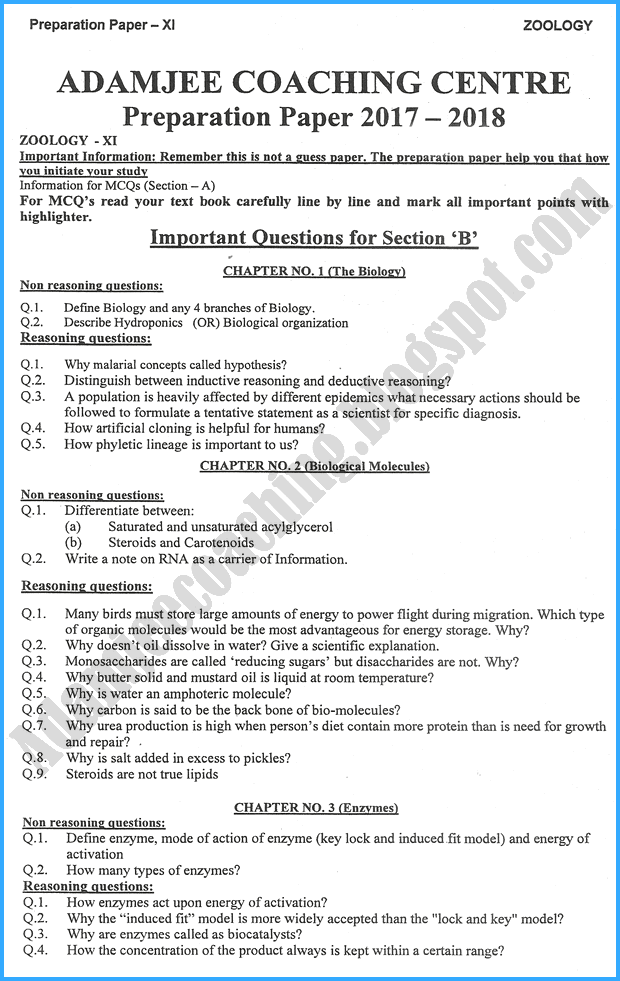 Adamjee Coaching: Zoology 11th - Adamjee Coaching Guess Paper 2018