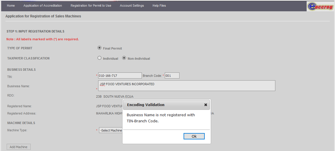 EACCREG : Business Name is not registered with TIN-Branch Code ...
