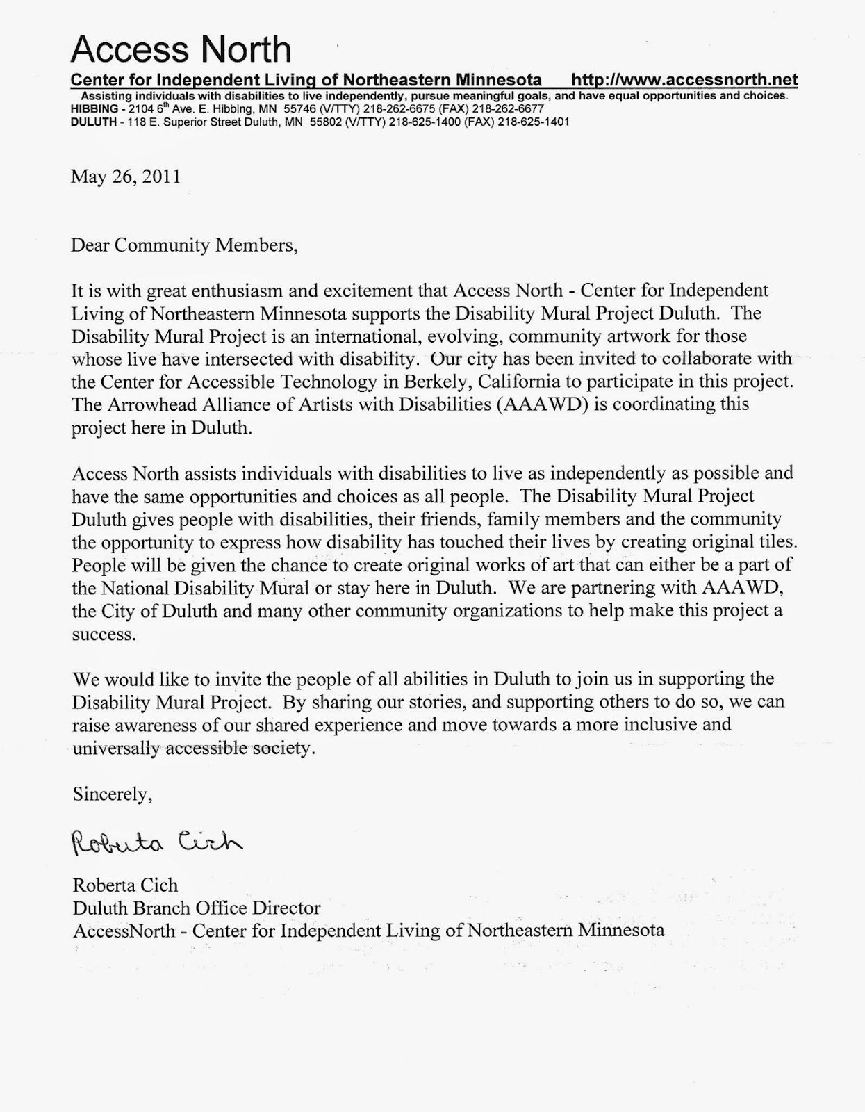 Disability Mural Project Duluth: Letter of Support from Access North ...