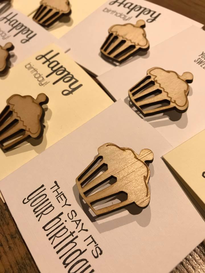 Memory Maze Laser cuts Design Team: Wooden Veneer brooch cards with Sarah