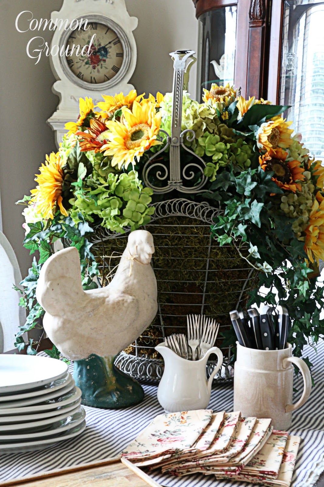 common ground : Summer Buffet Scape with Ticking Tablerunner and Sunflowers