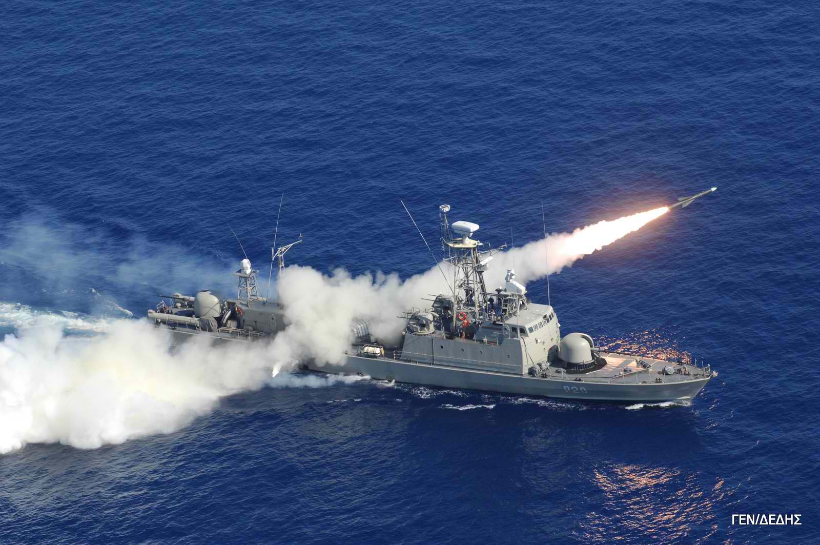 Hellenic Navy La Combattante III-class missile boat Laskos (920) firing ...