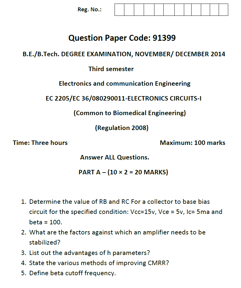 EC2205 Electronic Circuits I Nov Dec 2014 Question Paper - University ...