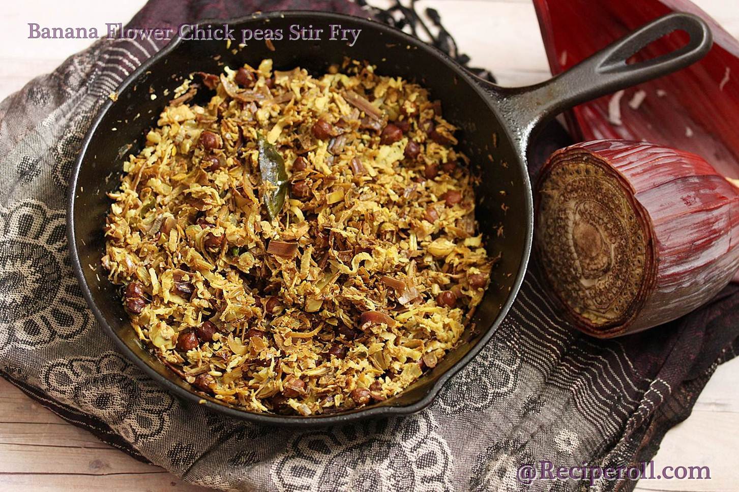 Banana flower stir fried with black channa | Koombu Kadala Thoran