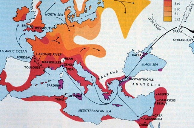 HISTORICAL MAPS: Map of The Black Death - Plague's Route to West