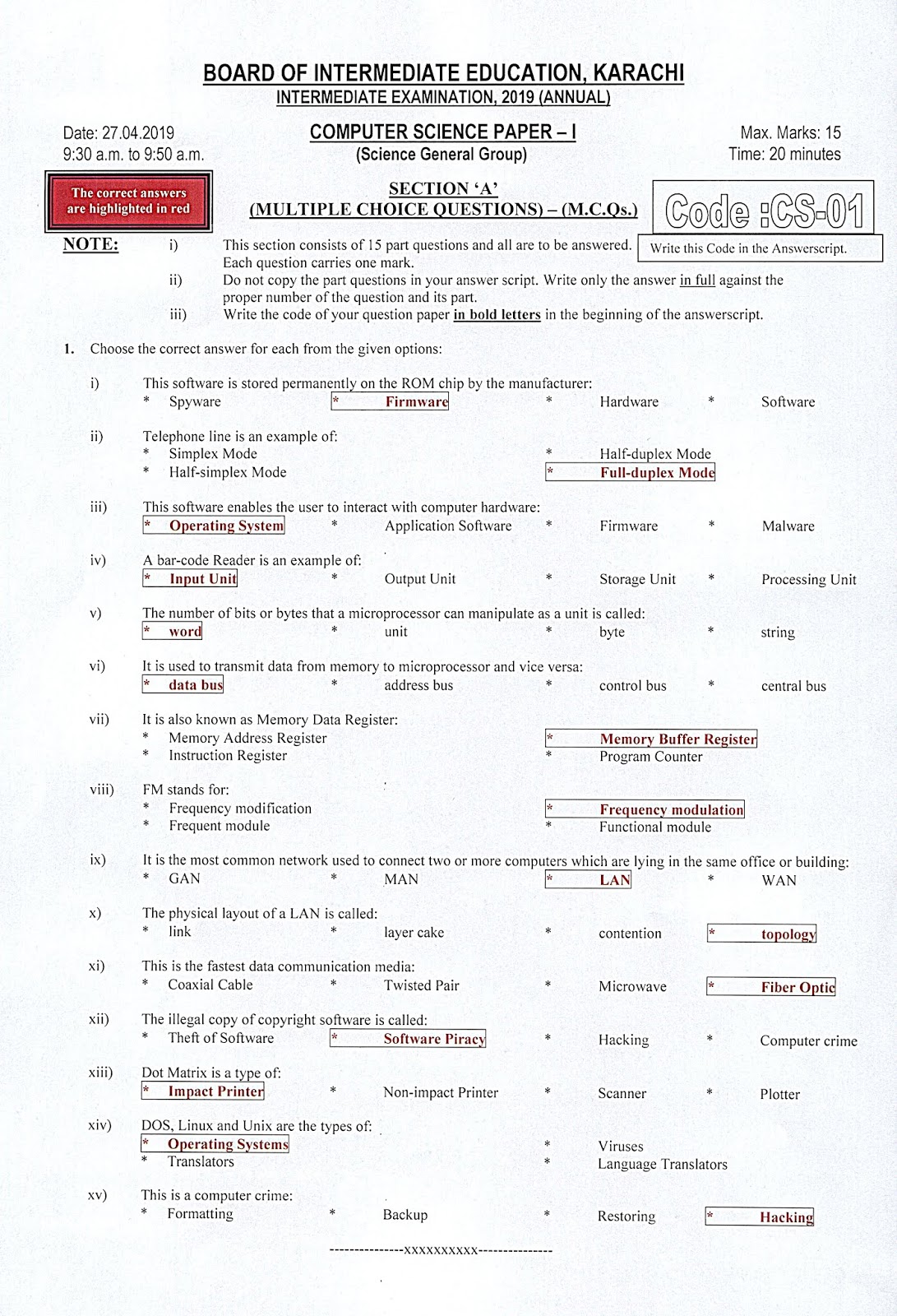 Education Is The Key To Success: Computer Science paper I - Past Paper ...