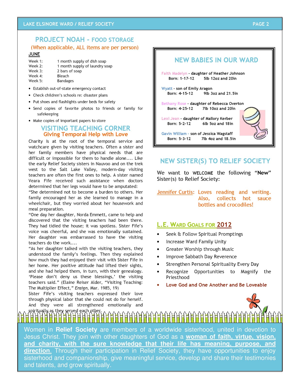 Lake Elsinore Relief Society: Newsletter and Calendar