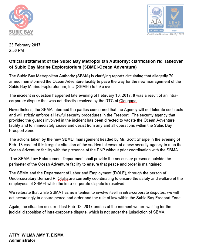 Official statement of the Subic Bay Metropolitan Authority ...