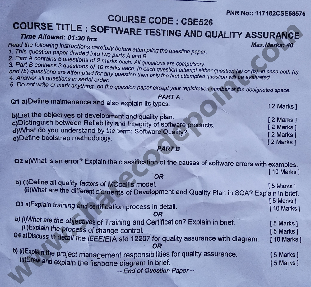 Cse526 Software Testing And Quality Assurance Mid Term Exam Question Paper Cse 526 Lpu