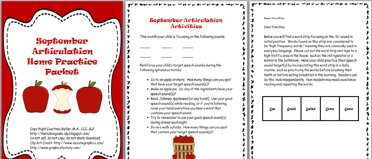 The Talking Owls: September Articulation Home Practice Packet