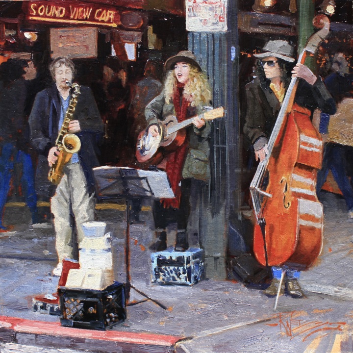 in plein air: "Seattle Buskers" Seattle city oil painting by Robin Weiss
